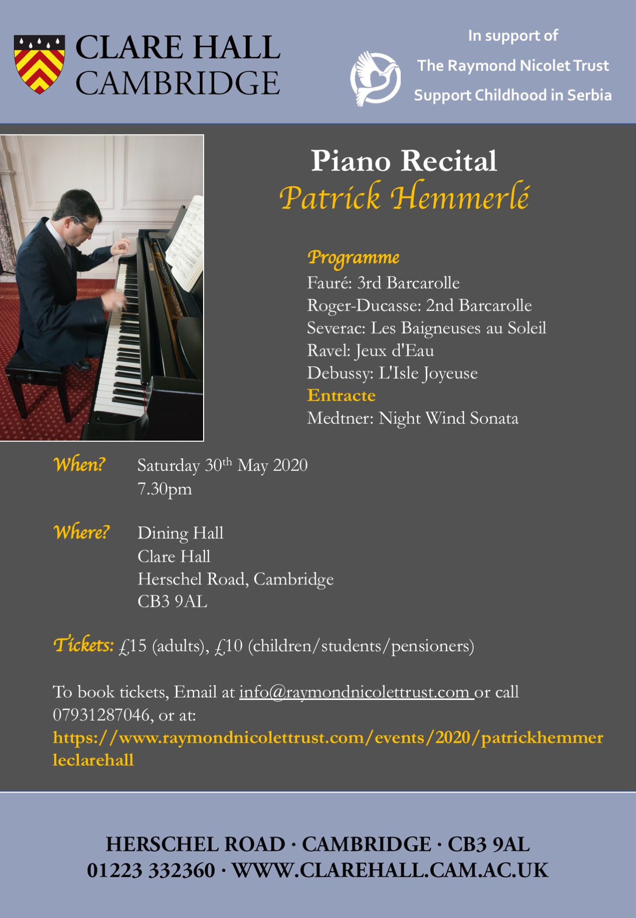 Piano Recital Patrick Hemmerlé in Cambridge – POSTPONED | Serbian City Club